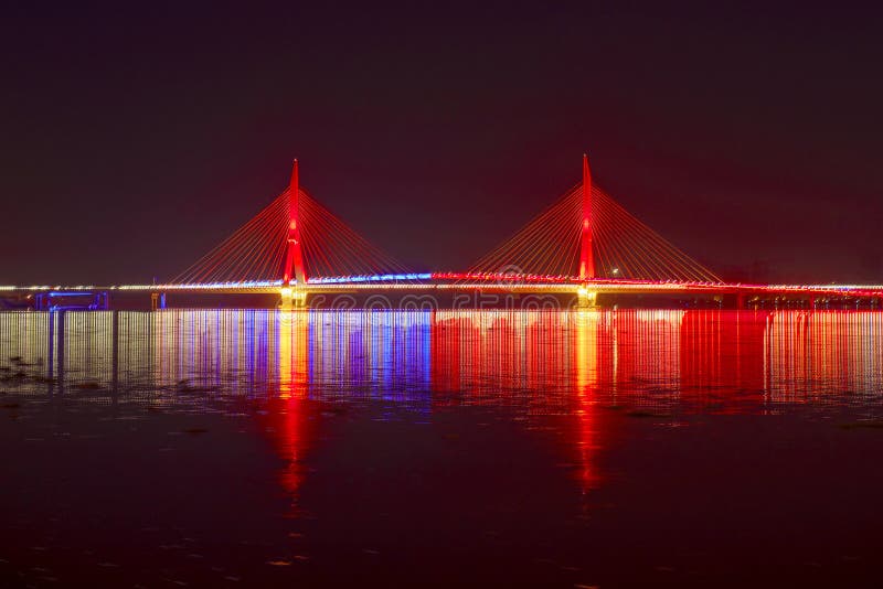 Red Colored Cable-stayed Bridge at Night. Stock Image - Image of night ...