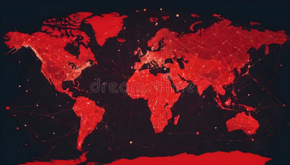 Red Colored Map of the World. Conception of Global Network Connection ...