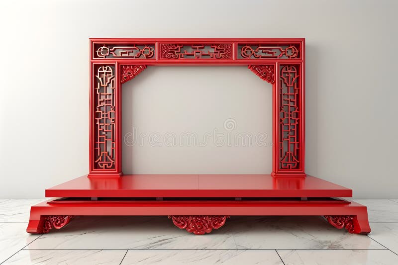Red Colored Mockup Frame and Podium. Chinese Traditional Theme Stock ...