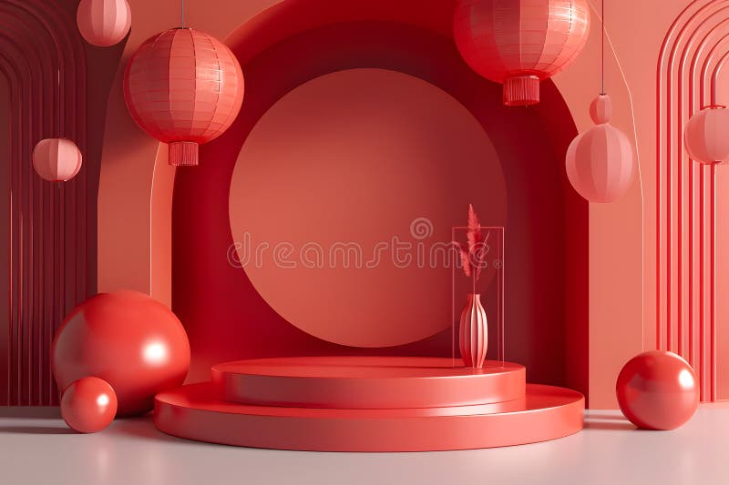 Red Colored Mockup Frame Wall and Podium Decorated by Lanterns. Chinese ...