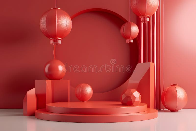 Red Colored Mockup Frame Wall and Podium Decorated by Lanterns. Chinese ...