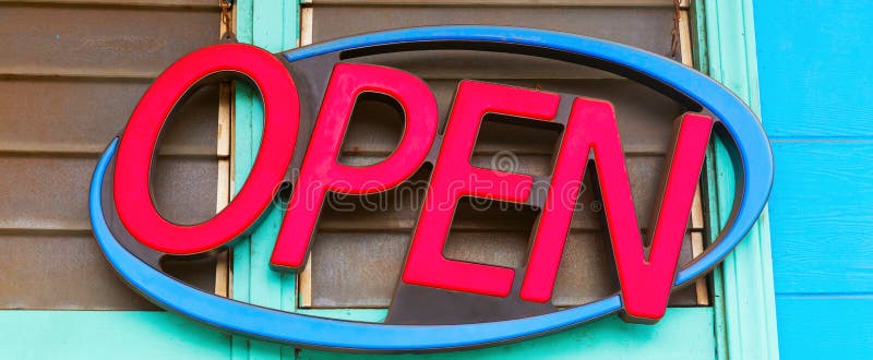 Red Colored Open Sign at a Shop Stock Image - Image of wood, signal ...