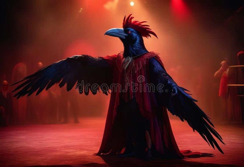 A Red Colored Raven Cosplaying As a Jester at a Circus Stock ...