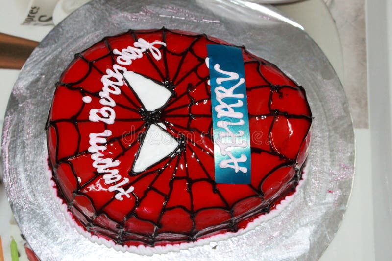 Red Colored Spider Man Cake Stock Image - Image of colored, small ...