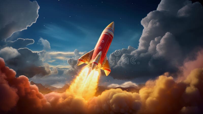 Red Colored Starting Rocket Against Cloudy Sky Stock Illustration ...