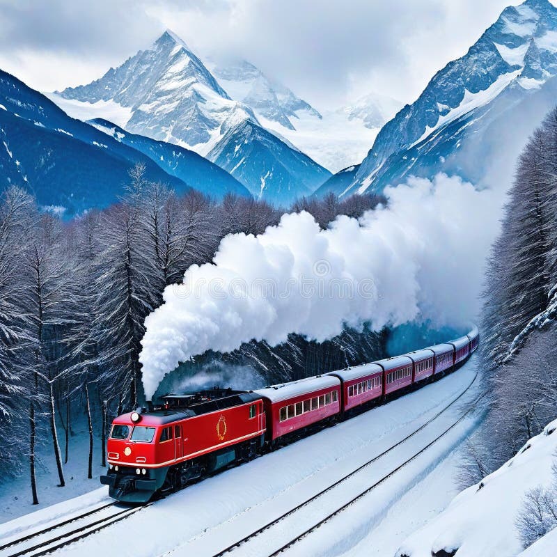 A Red Colored Train Passing through Alps in Stock Illustration ...