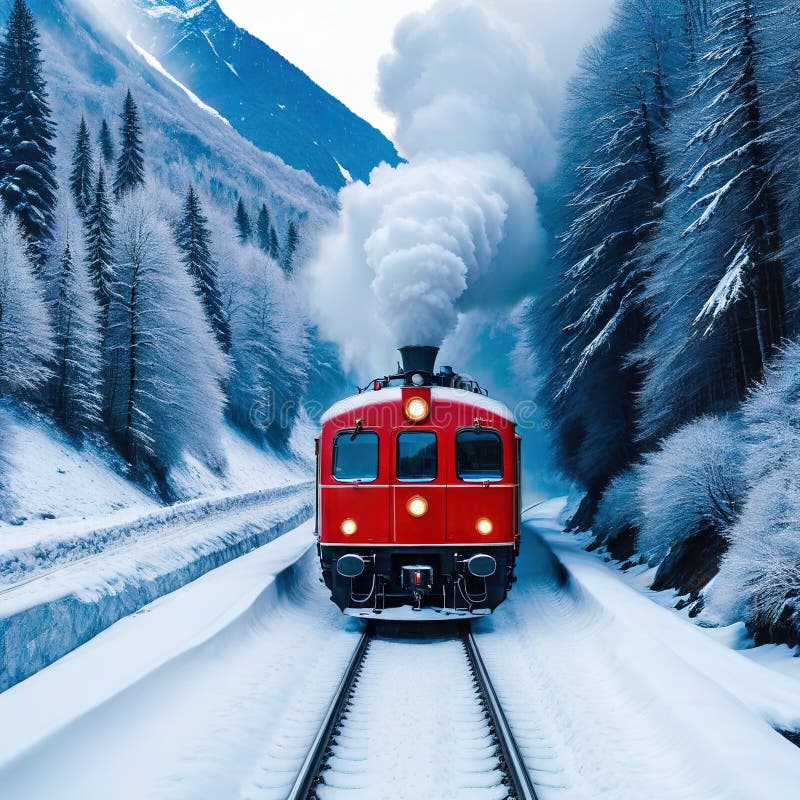 A Red Colored Train Passing through Alps in Stock Illustration ...