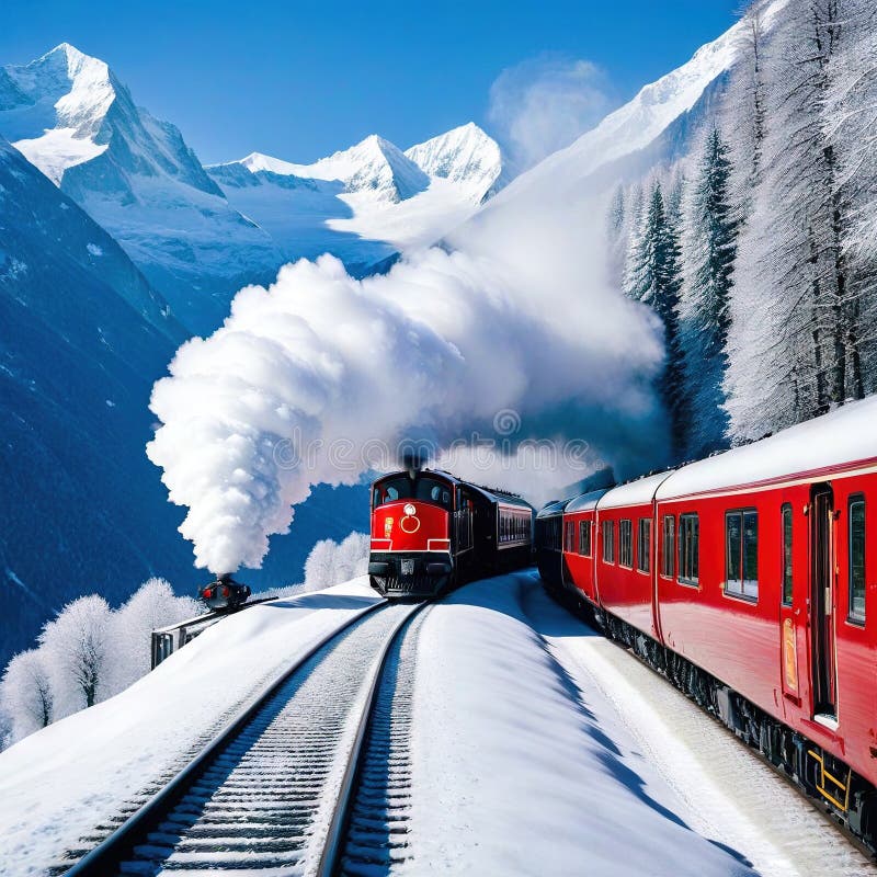 A Red Colored Train Passing through Alps in Stock Illustration ...