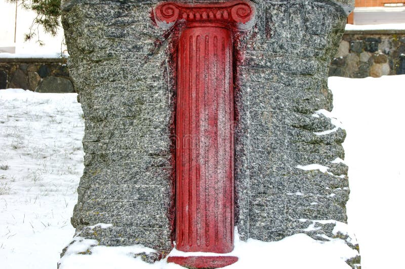 Red Column Sculpture on the Snow Stock Photo - Image of ionian ...