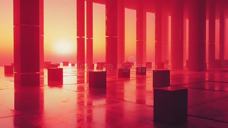 Red Columns and Cubes at Sunset Landscape Stock Illustration ...