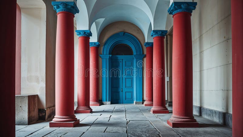 Red Columns Framing Blue Door in Elegant Building Stock Illustration ...