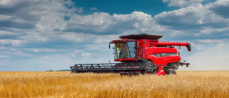 The Red Combine Harvester in a Golden Wheat Field Under a Blue Sky AI ...