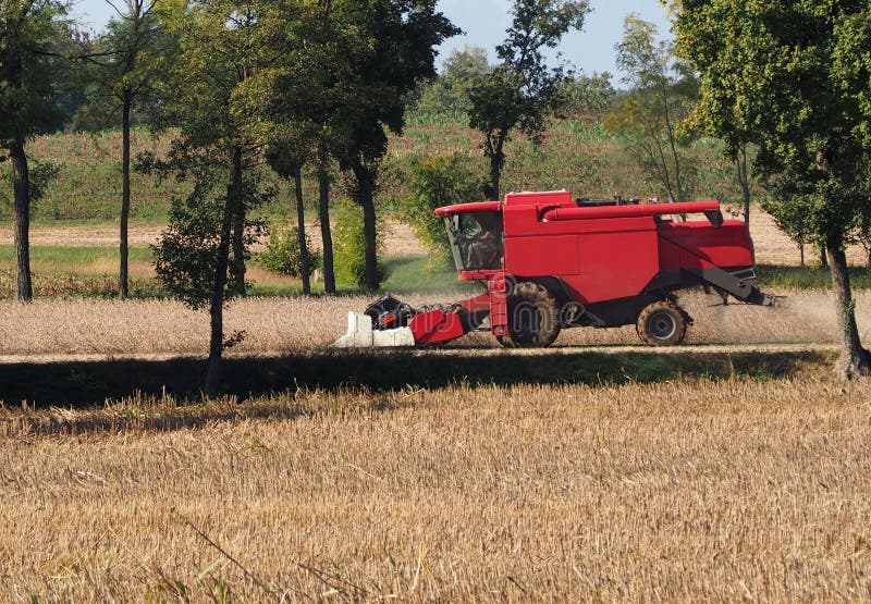 Combine Harvester and a Small Red Tractor on Behind in a Countryside ...