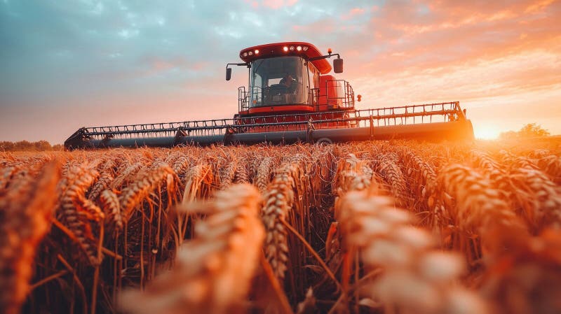 Red Combine Harvester Working in a Field of Wheat at Sunset Stock ...