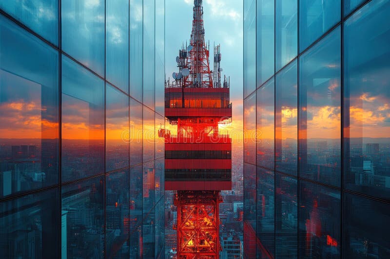 A Red Communications Tower Rises Above a City Skyline, Viewed from a ...