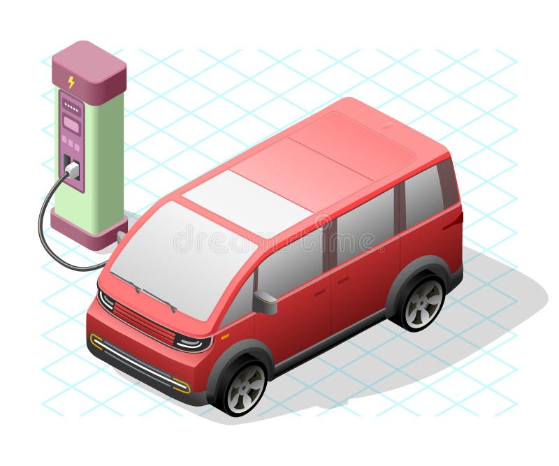 A Red Compact Electric Van at a Charging Station, Created in Isometric ...