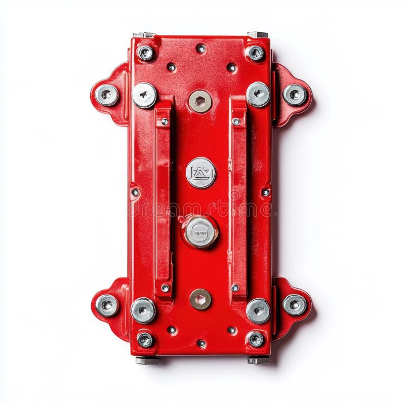 Red Compact Industrial Mechanical Component with Multiple Screws on ...
