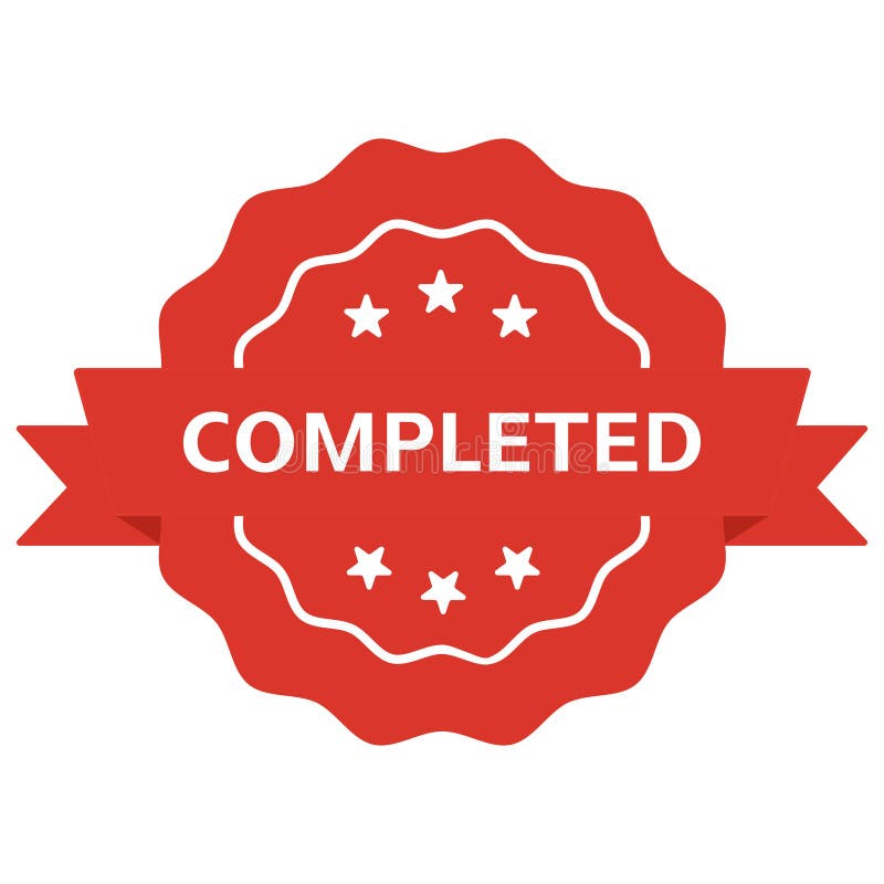 Red Completed Badge with Stars and Ribbon in Flat Design Style. Vector ...