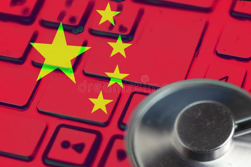 A Red Computer Keyboard with Chinese Flag, an Alert a Coronavirus Stock ...