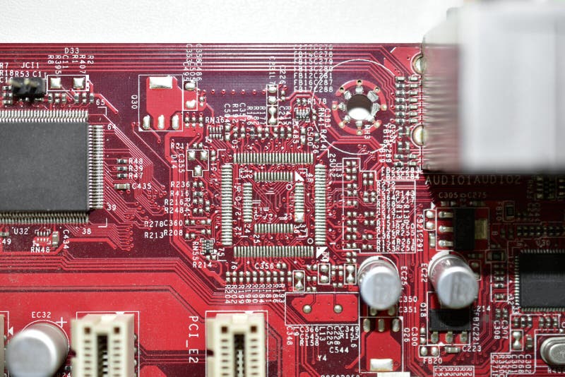 Red Computer Motherboard Chip Close-up with Elements Stock Photo ...