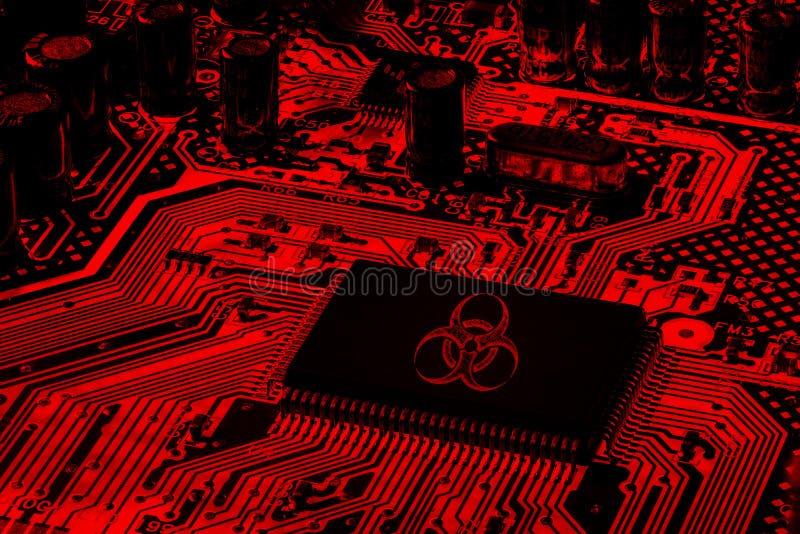 Red Computer Motherboard Featuring a Biohazard Logo, Concept of Virus ...