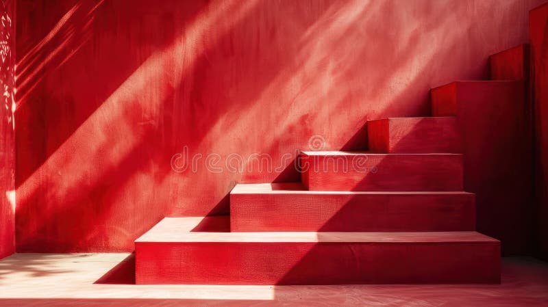 Red Concrete Steps in Front of a Red Wall, with Sunlight Illuminating ...