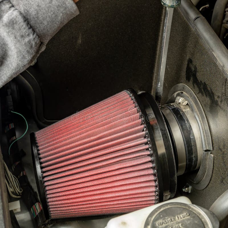 Red Cone Shaped Air Filter Installed in a Pickup Stock Image - Image of ...