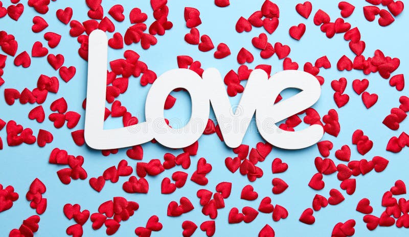 Red Confetti on Blue Background with Love Stock Image - Image of ...