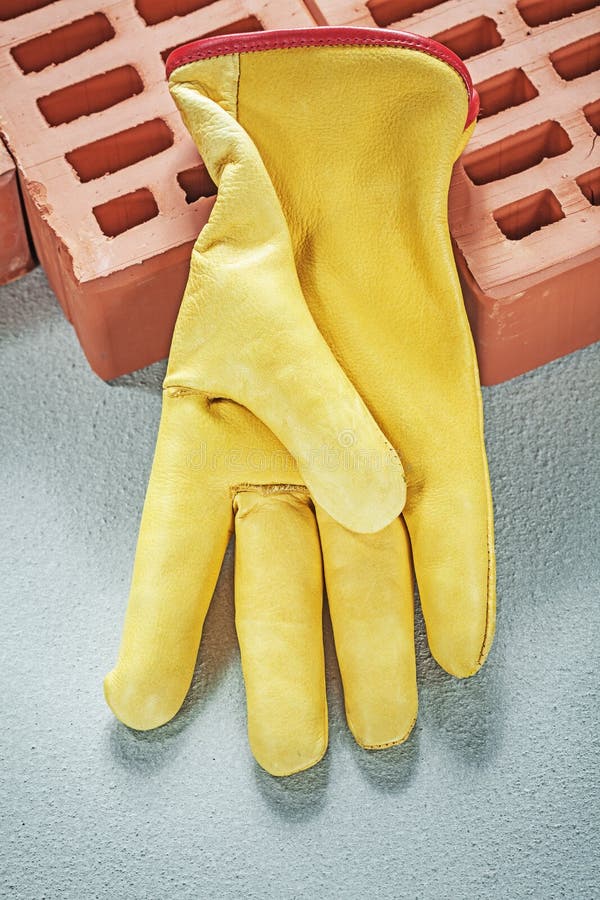 Red Bricks Leather Working Gloves on Concrete Surface Constructi Stock ...