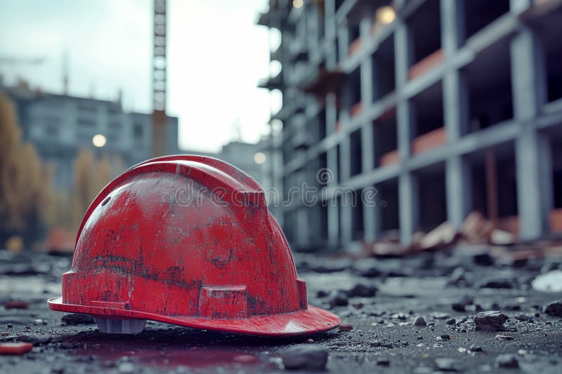 Red Construction Hard Hat Resting on the Ground with a Modern Building ...