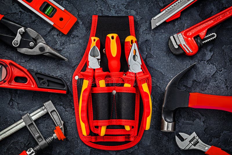 Red Construction Tools Set on Dark Background Stock Image - Image of ...