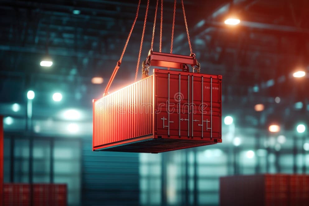 A Red Container is Lifted by a Crane, Ready for Transportation or ...