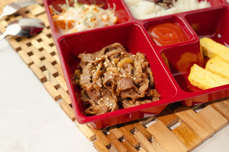 A Red Container with Rice and Meat Stock Image - Image of asia ...