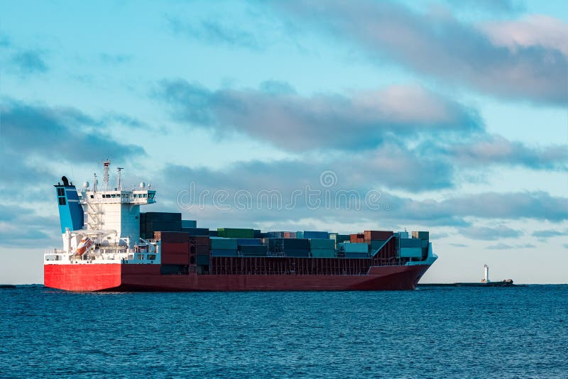 Red container ship stock photo. Image of winter, blue - 93285234