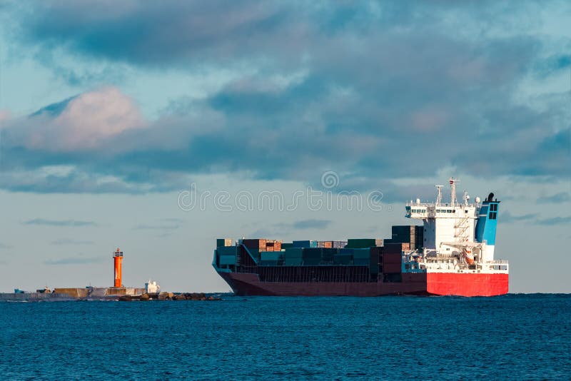 Red container ship stock photo. Image of business, nautical - 93287774