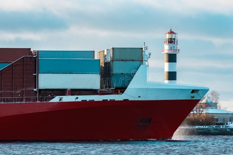 Red container ship stock image. Image of water, large - 93289455