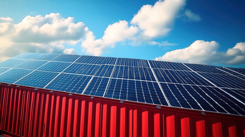 Red Container with Solar Panels on Top Under Bright Blue Sky with ...