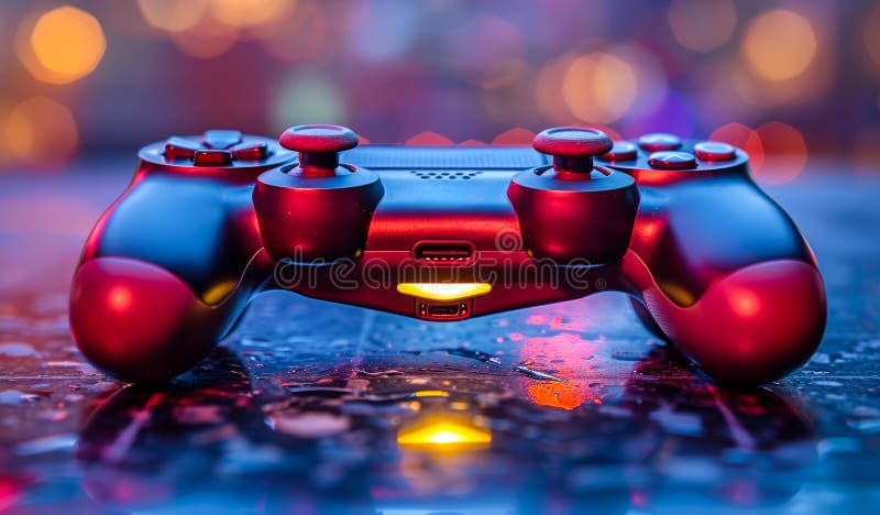 A Red Controller with a Yellow Light on it. the Controller is on a ...