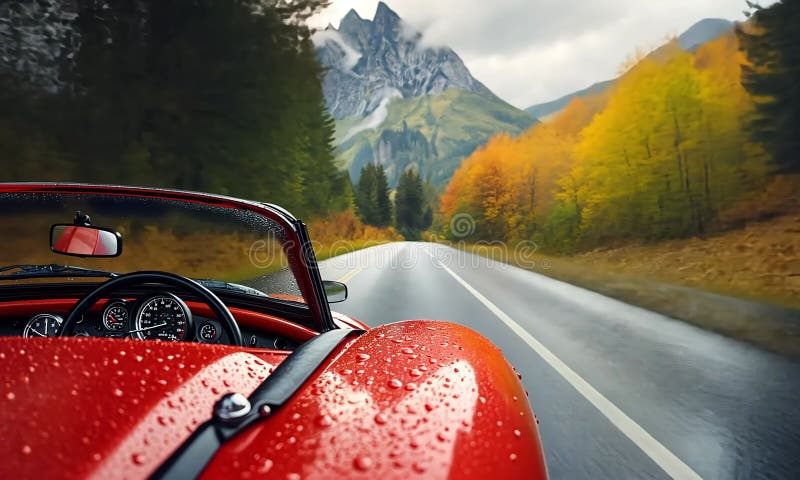 Red Convertible Car on a Scenic Autumn Road Stock Video - Video of ...