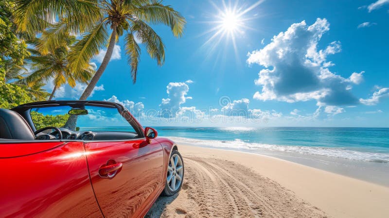 Red Convertible Parked on Tropical Beach Stock Illustration ...