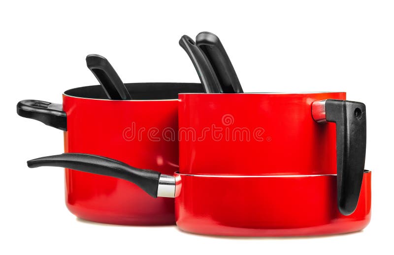 Red cooking pans and pots stock photo. Image of isolated - 27724504