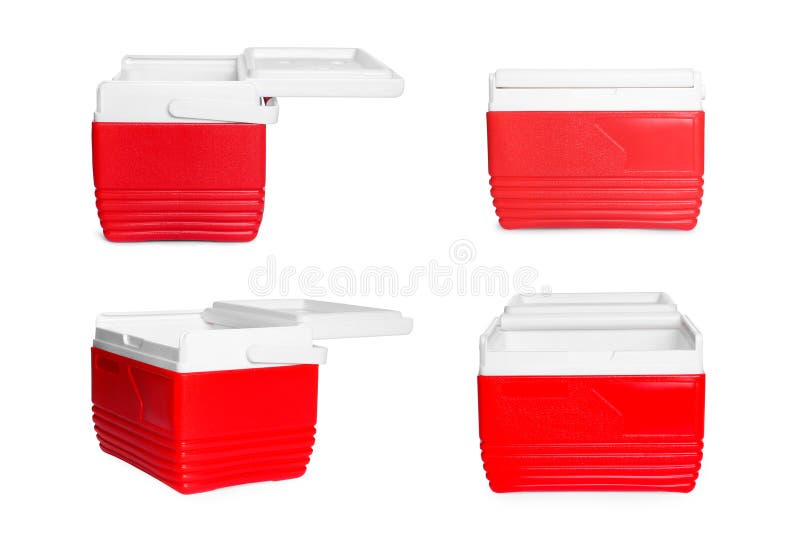 Red Cool Box Isolated on White, Collage Stock Photo - Image of ...
