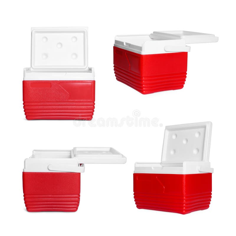 Red Cool Box Isolated on White, Collage Stock Photo - Image of open ...