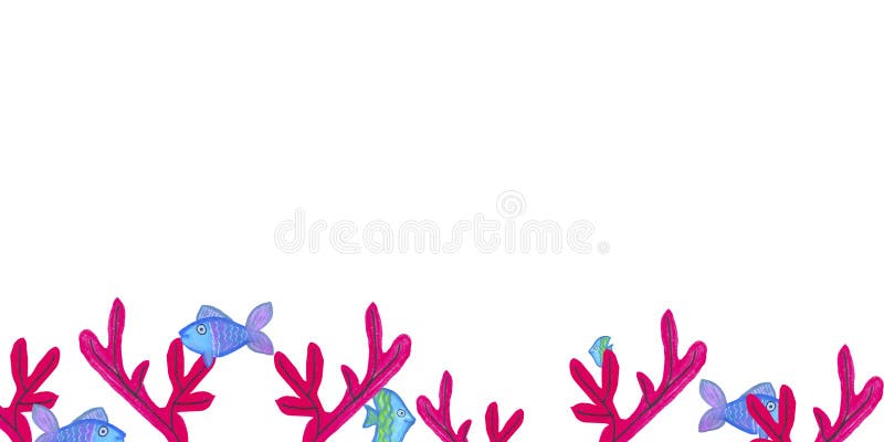 Red Coral and Blue Fish Horizontal Frame on a White Background ...