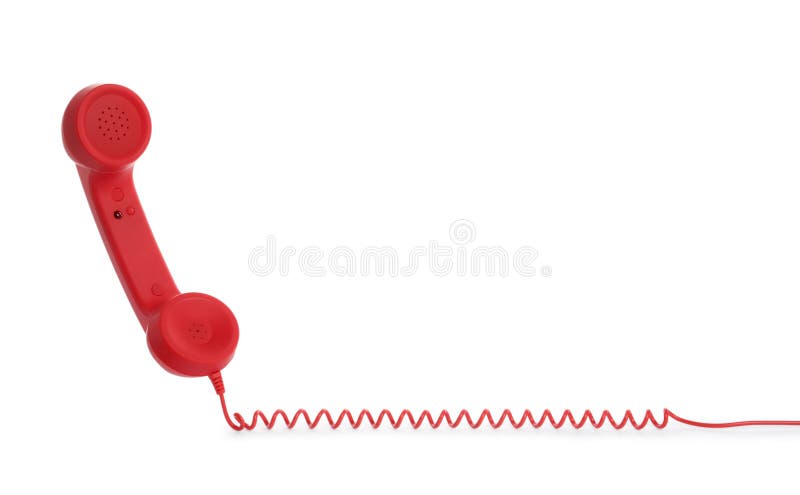 Red Corded Telephone Handset Hanging on Light Blue Background, Space ...