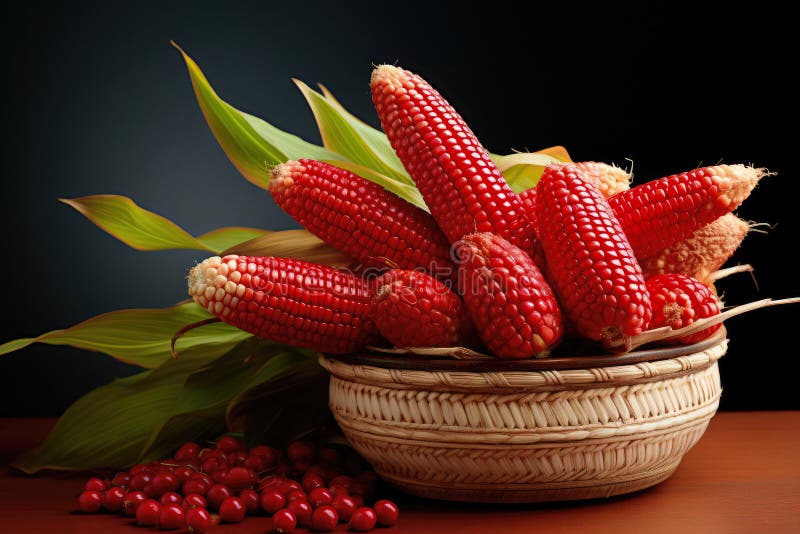 Red Corn with Green Leaves in Basket Stock Illustration - Illustration ...