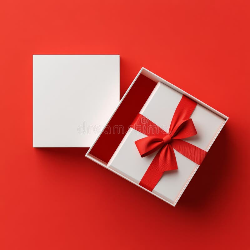 A Red Corner Gift Box Mockup Featuring a Red Bow on a Dark Red ...