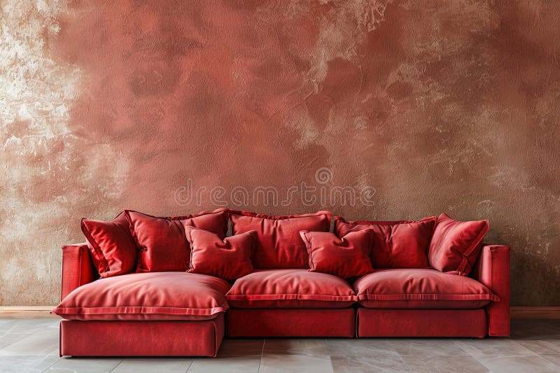 Red Corner Sofa in Empty Room. Generative AI. Stock Illustration ...