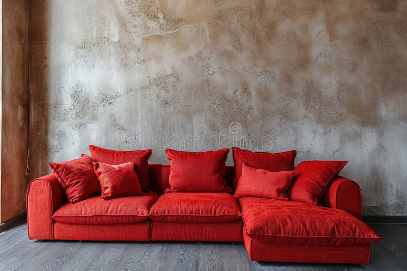 Red Corner Sofa in Empty Room. Generative AI. Stock Illustration ...