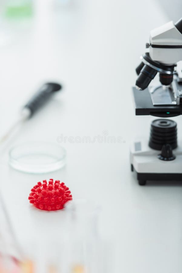 Red Coronavirus Bacteria Model and Blurred Stock Image - Image of ...